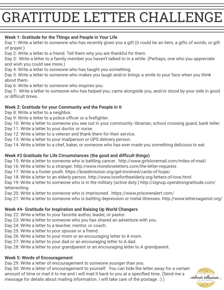 Gratitude Letter Challenge- Daily Letter Prompts